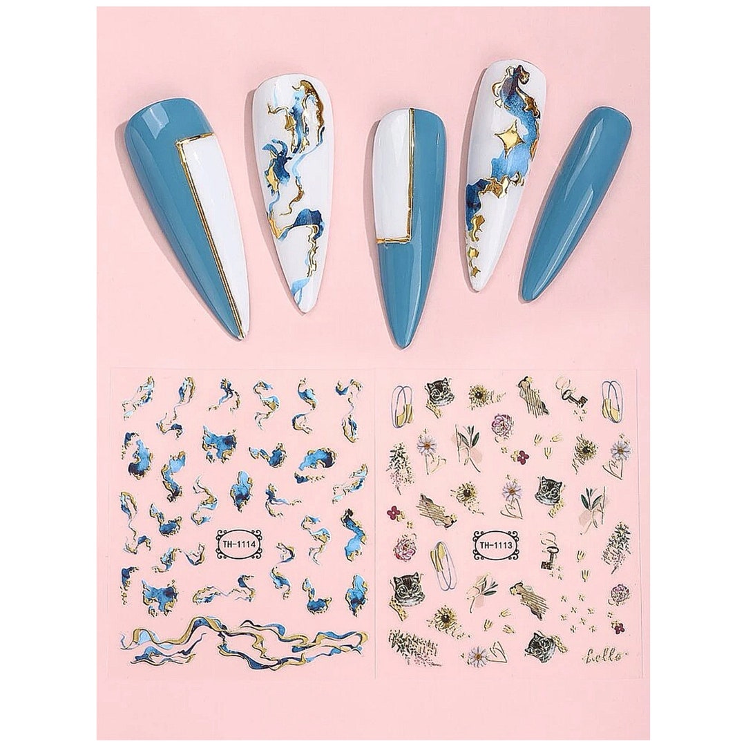 2 Sheet Nail Art Stickers Metallic Marble, Nail Decals 3D Self-adhesive ...
