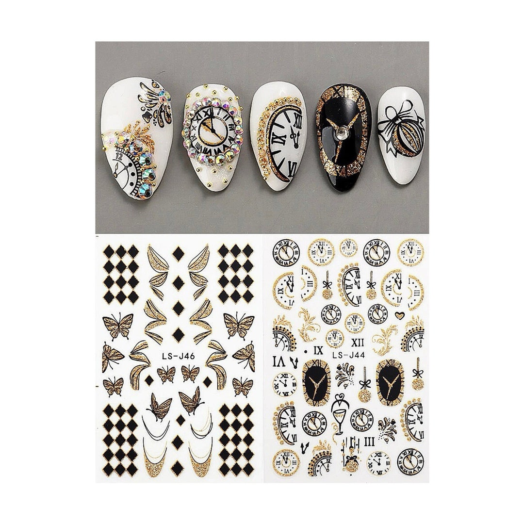 Gold and Black Butterfly and Clock Nail Art Transfer Decal Stickers ...