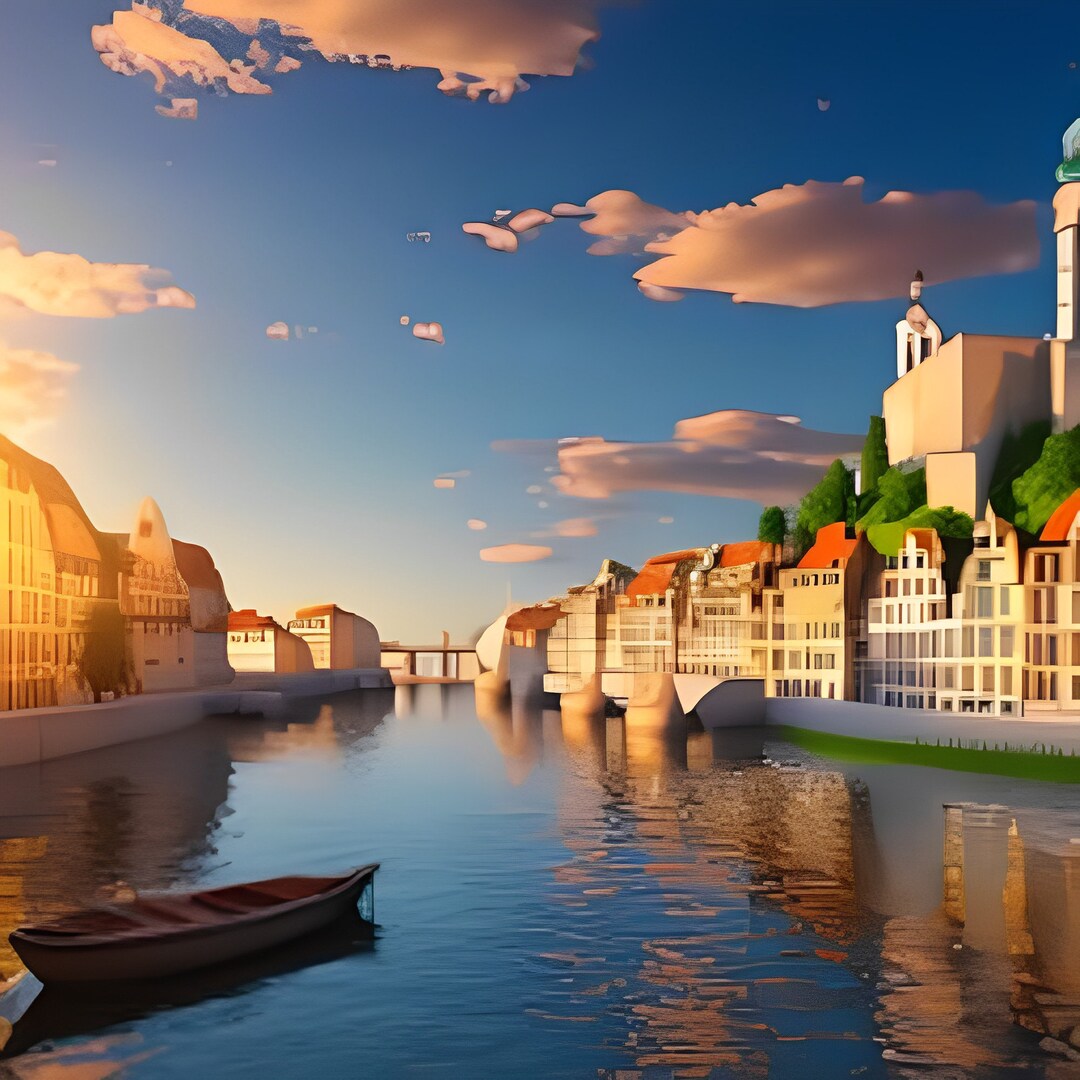 Urban Waterways: A Striking Digital Painting of a River Flowing Through ...