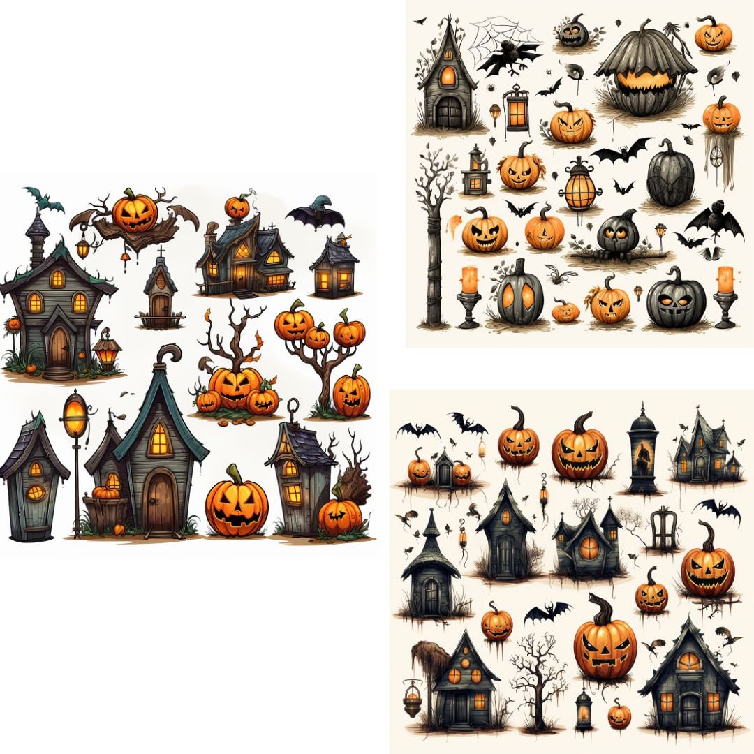 Scary Halloween Watercolor Clipart Bundle: Pumpkin, Ghost, Bats (PNG ...