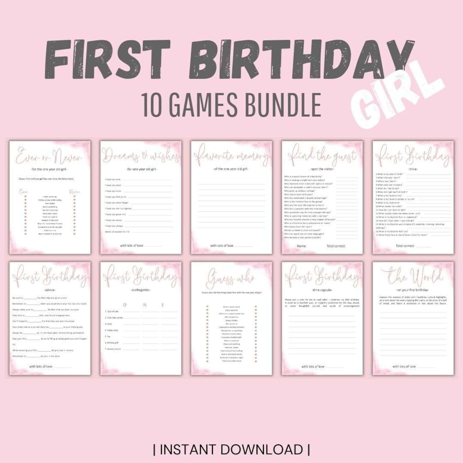 Girl's 1st Birthday Party Games Bundle: 10 Printable Activities ...