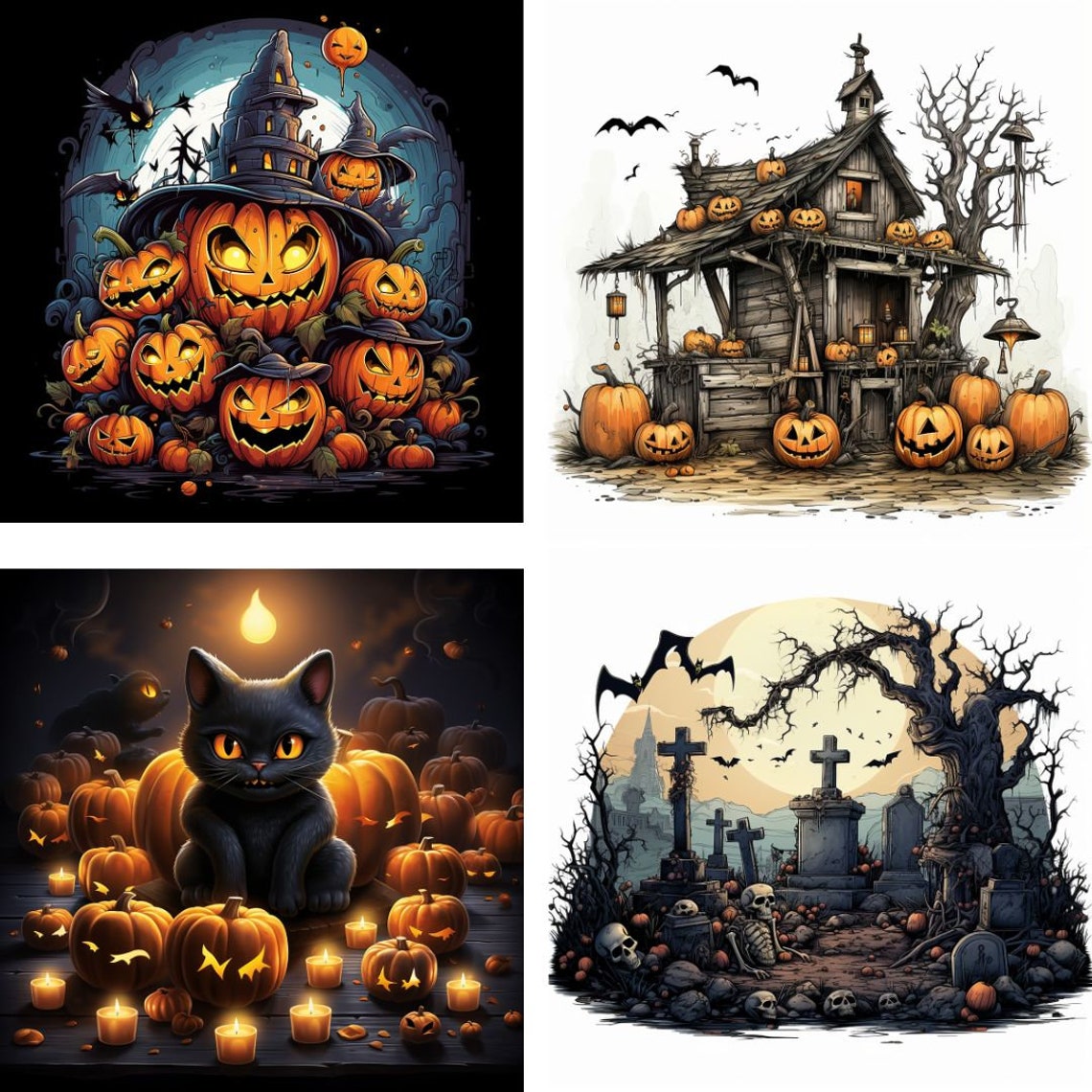 Scary Halloween Watercolor Clipart Bundle: Pumpkin, Ghost, Bats (PNG ...