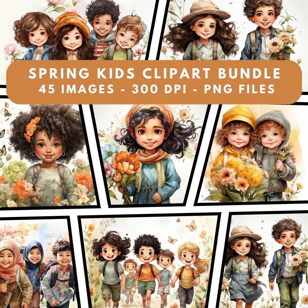 Spring Kids Clipart Bundle – 45 PNG Images for Designers (digital ...