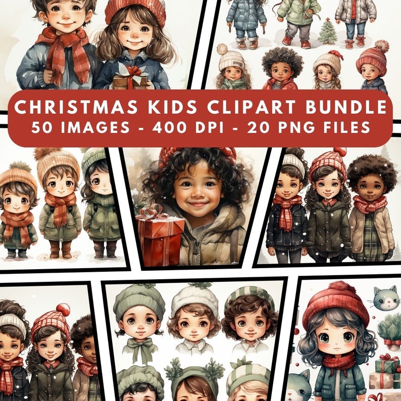 50 Christmas Kids Clipart, Watercolor Kids Art, Winter Art, Digital Art ...