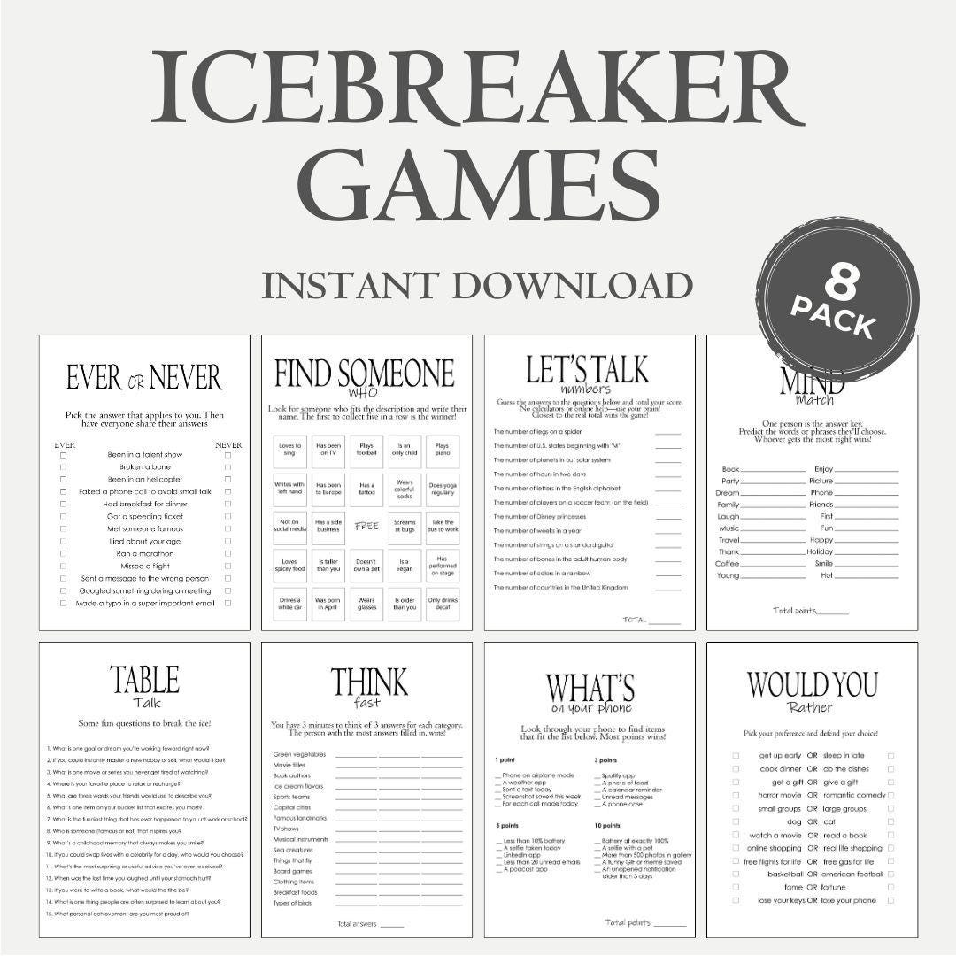 Printable Icebreaker Games – 8-pack Party Activities (digital Download ...