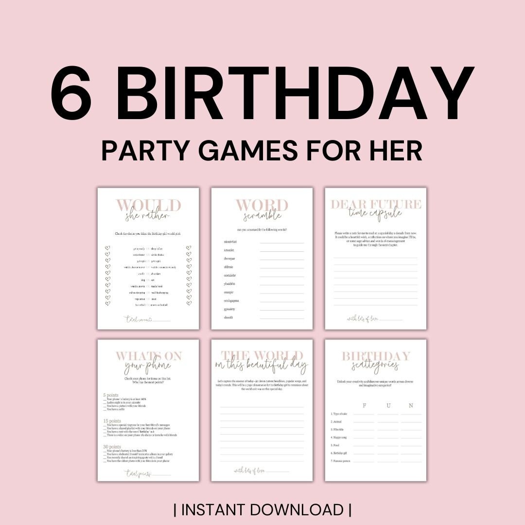 6 Birthday Games for Her, Party Games for Women Girls, Printable ...