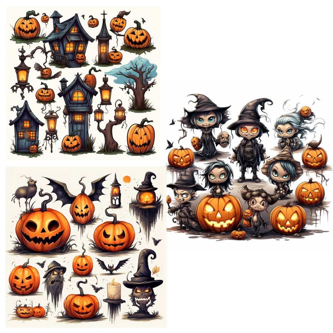 Scary Halloween Watercolor Clipart Bundle: Pumpkin, Ghost, Bats (PNG ...