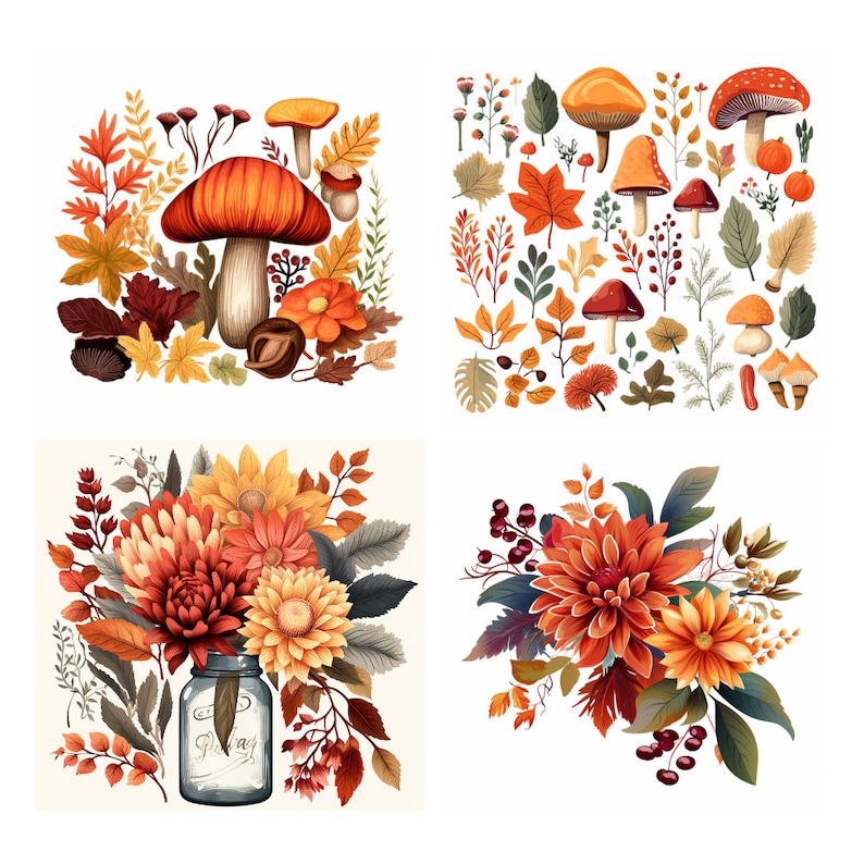 Watercolor Fall Flower Clipart Bundle, Autumn Floral PNG (400 DPI) - Etsy