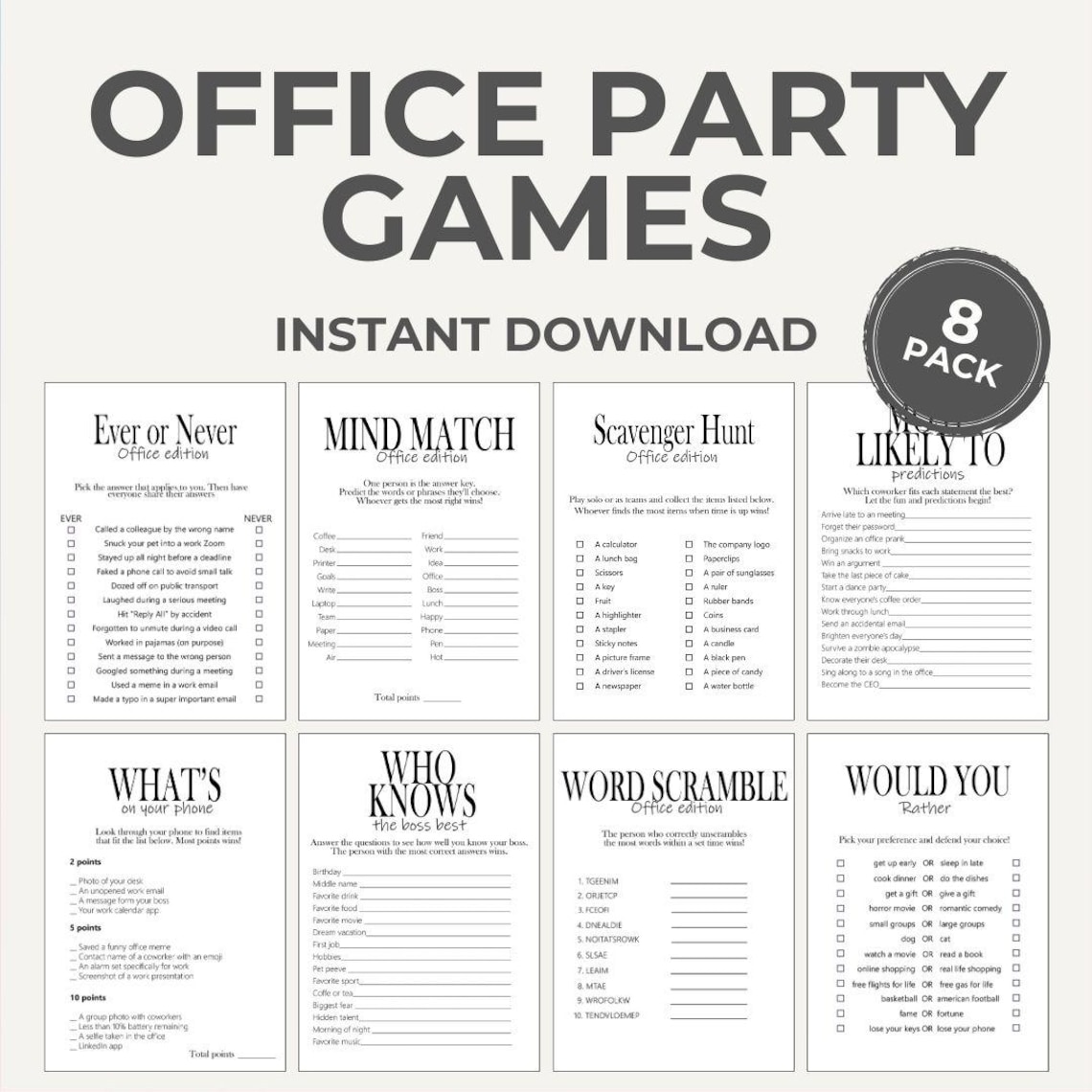Office Party Games Printable, Team Games for Work Events, Coworker ...