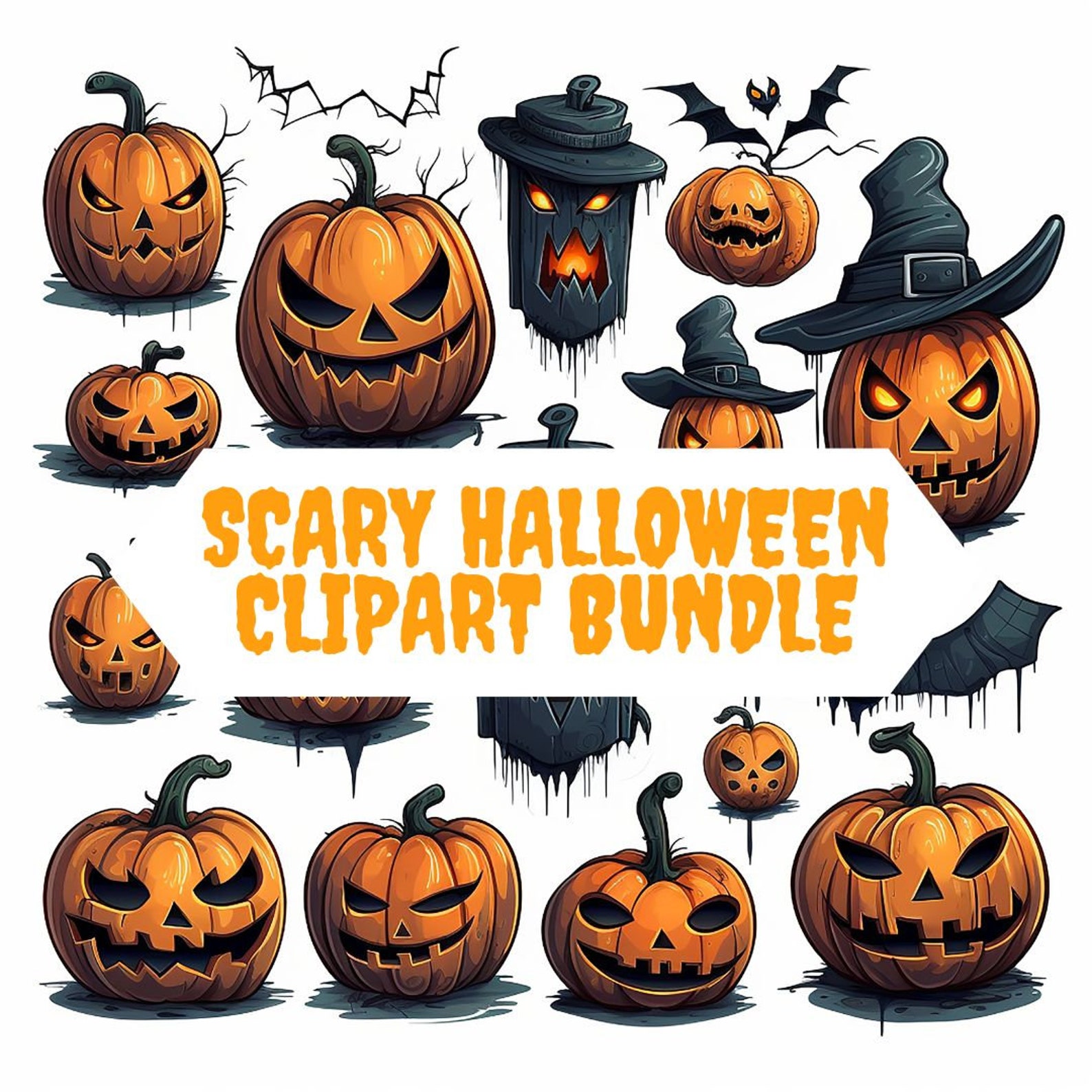 Scary Halloween Watercolor Clipart Bundle: Pumpkin, Ghost, Bats (PNG ...