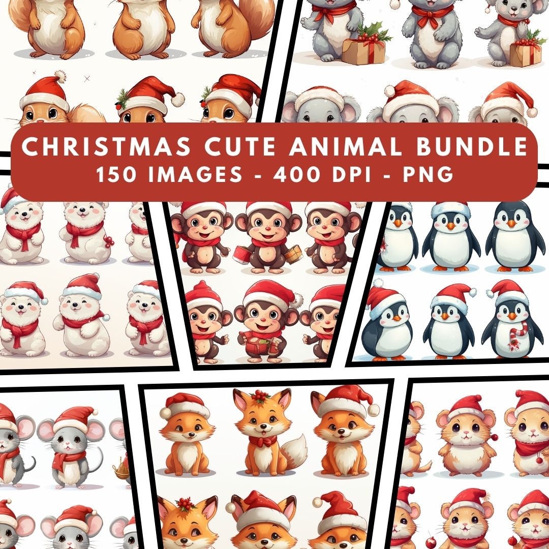 Watercolor Christmas Animals Clipart Bundle, PNG Graphics (commercial ...