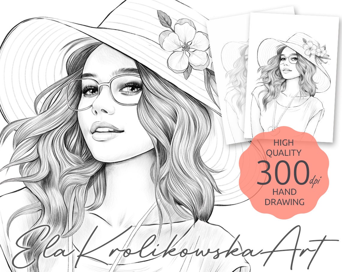 Beauty Lady in Hat Premium Coloring Page, Grayscale Coloring Page ...