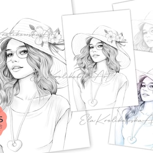 Beauty Lady in Hat - Premium Coloring Page, Grayscale Coloring Page ...