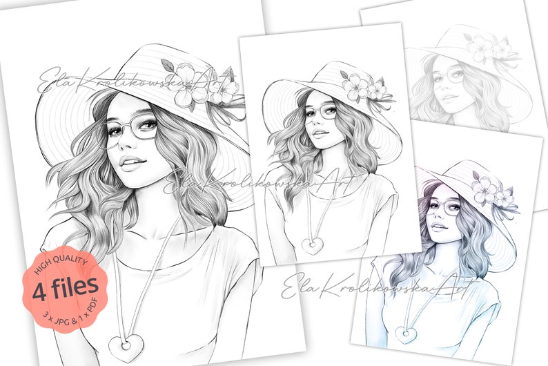 Beauty Lady in Hat Premium Coloring Page, Grayscale Coloring Page ...
