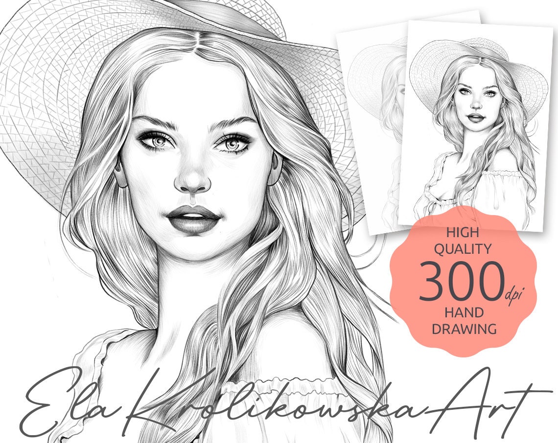 Woman in Hat Premium Coloring Page, Grayscale Coloring Page, Printable ...