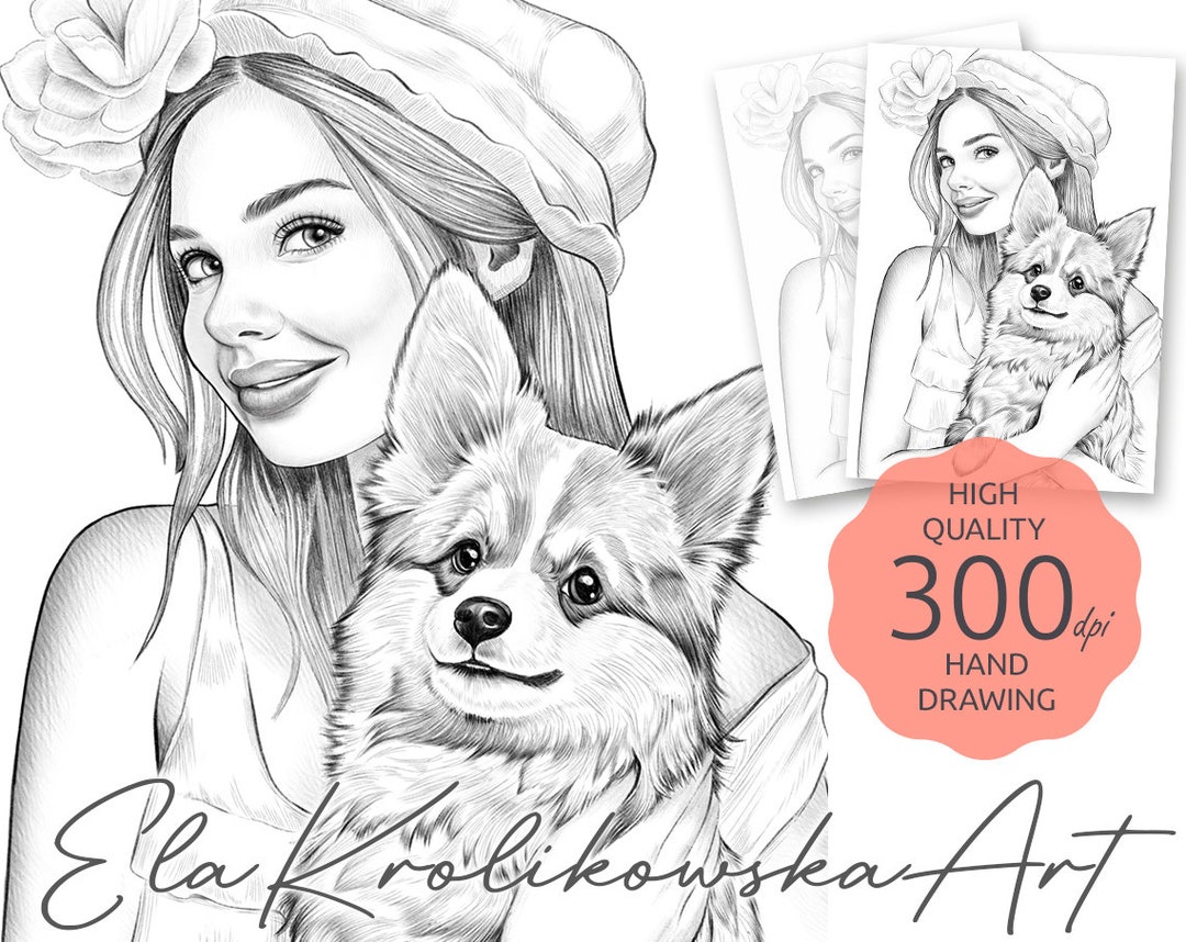 Girl and Puppy - Premium Coloring Page, Grayscale Coloring Page ...