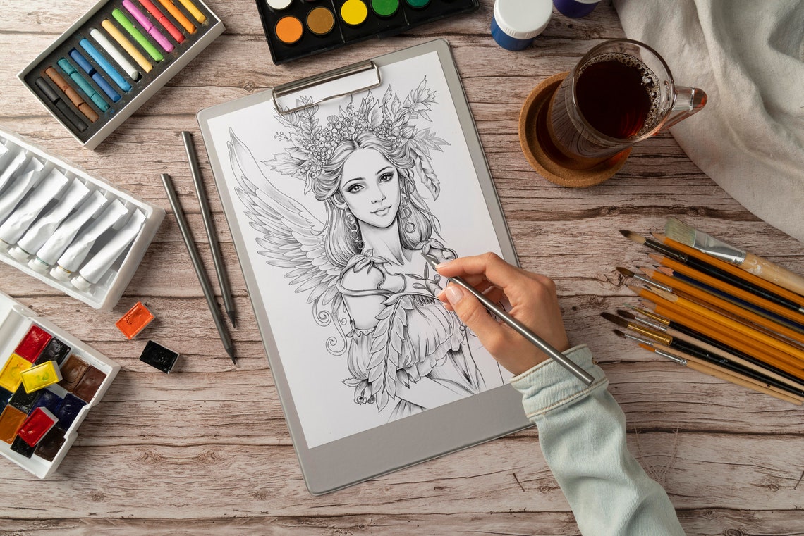 Spring Fairy Premium Coloring Page Grayscale Coloring Page - Etsy