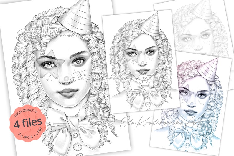Cute Clown Girl Premium Coloring Page, Grayscale Coloring Page, Digital ...