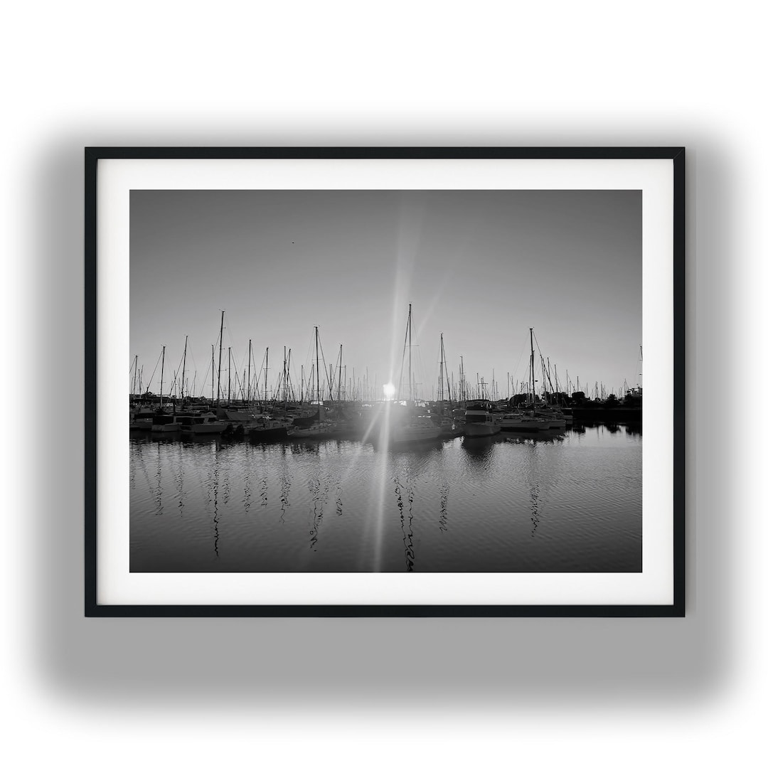 Coastal Wall Art B&W, Sailboat Masts at Sunrise Digital Print, Nautical ...