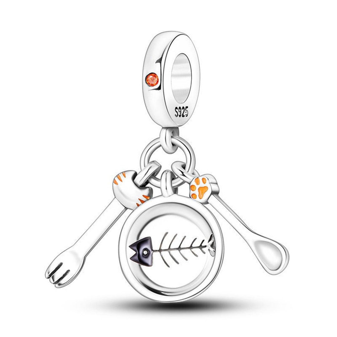 Cat Food Fish Bone Spoon Fork Cat Paw Charm Pandora Bracelet Compat ...