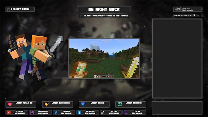 Minecraft Animated Stream Overlay for OBS. Twitch, Youtube, Kick ...