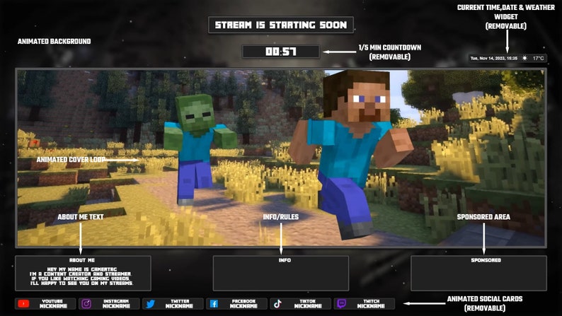 Minecraft Animated Stream Overlay for OBS. Twitch, Youtube, Kick ...