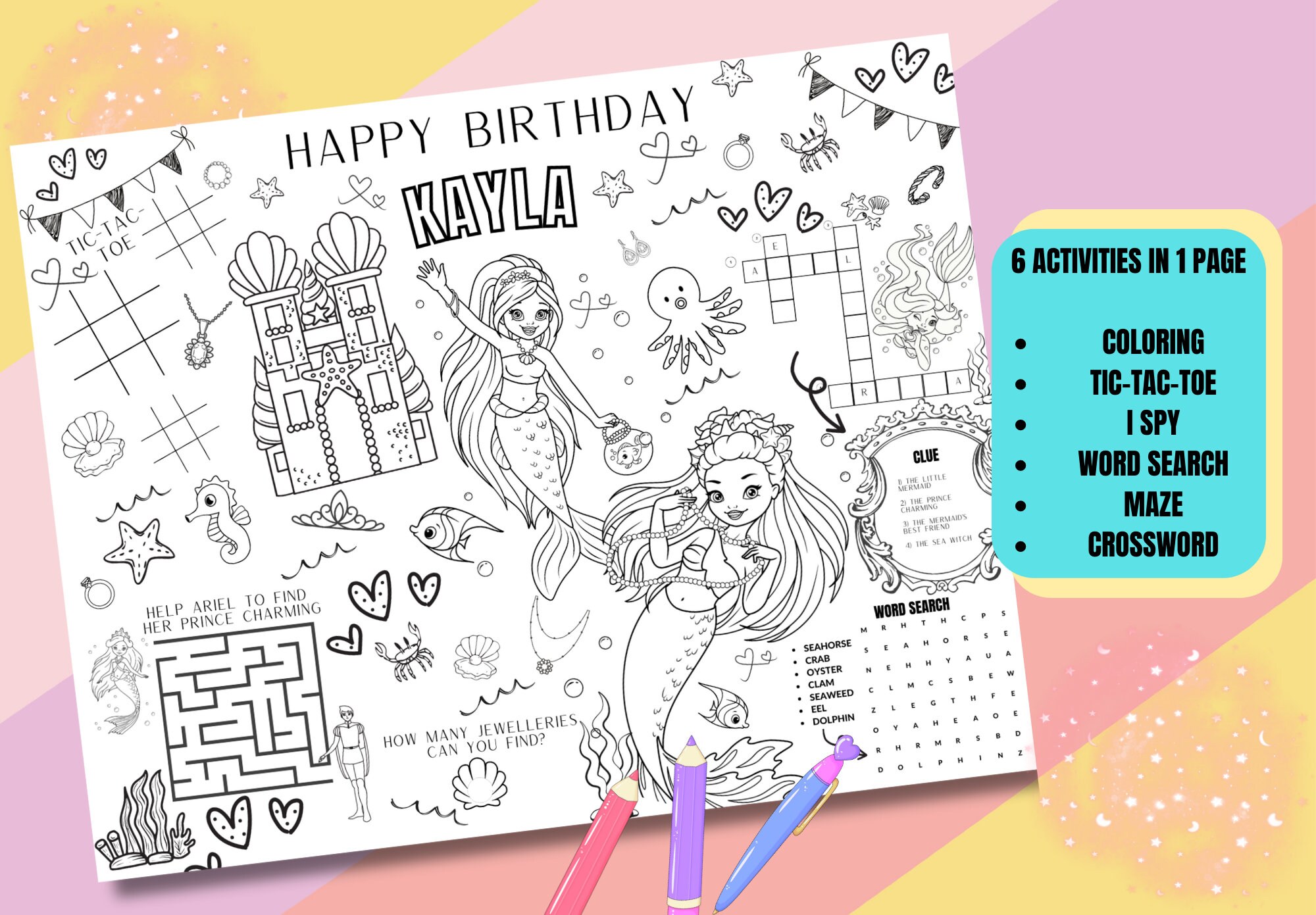 Mermaid Coloring Placemat Under the Sea Personalized - Etsy