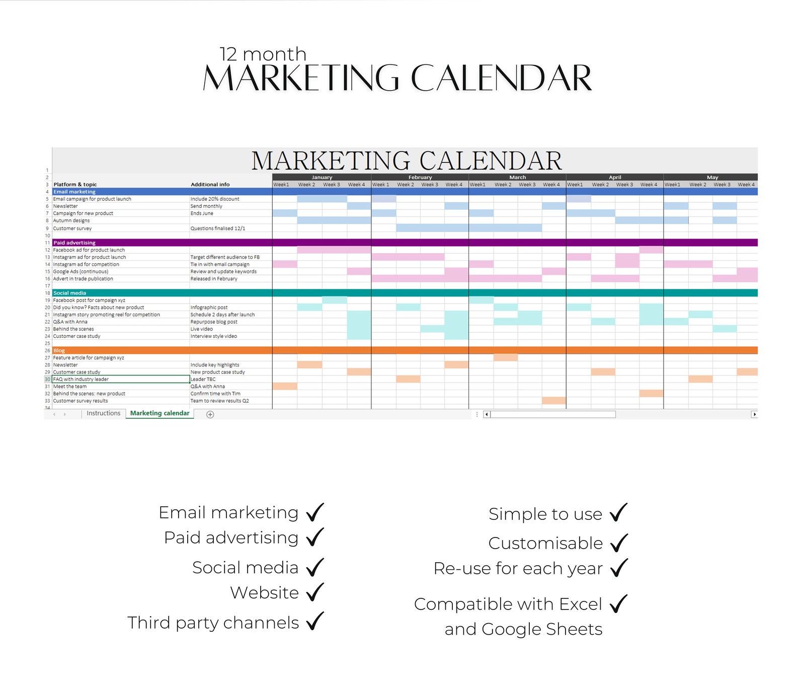Digital Download Marketing Calendar | Content Social Marketing Plan ...