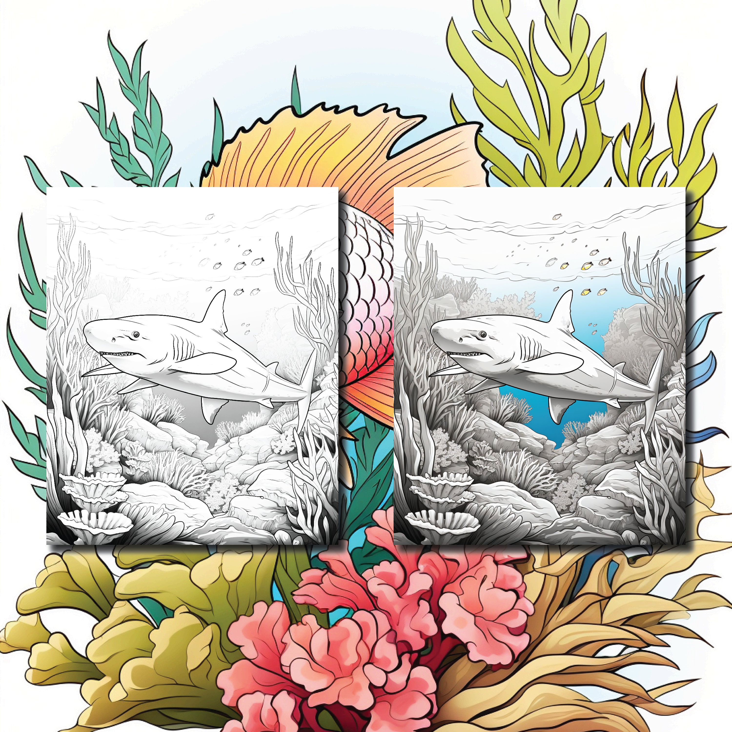 20 Coral Reef Coloring Pages, Grayscale Images, Digital Adult & Kids ...