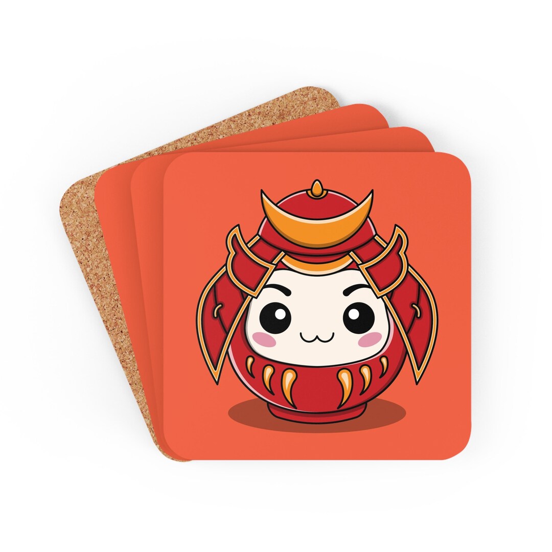 Daruma Samurai Cute Kawaii Coasters, Corkwood 4 Piece Coaster Set - Etsy