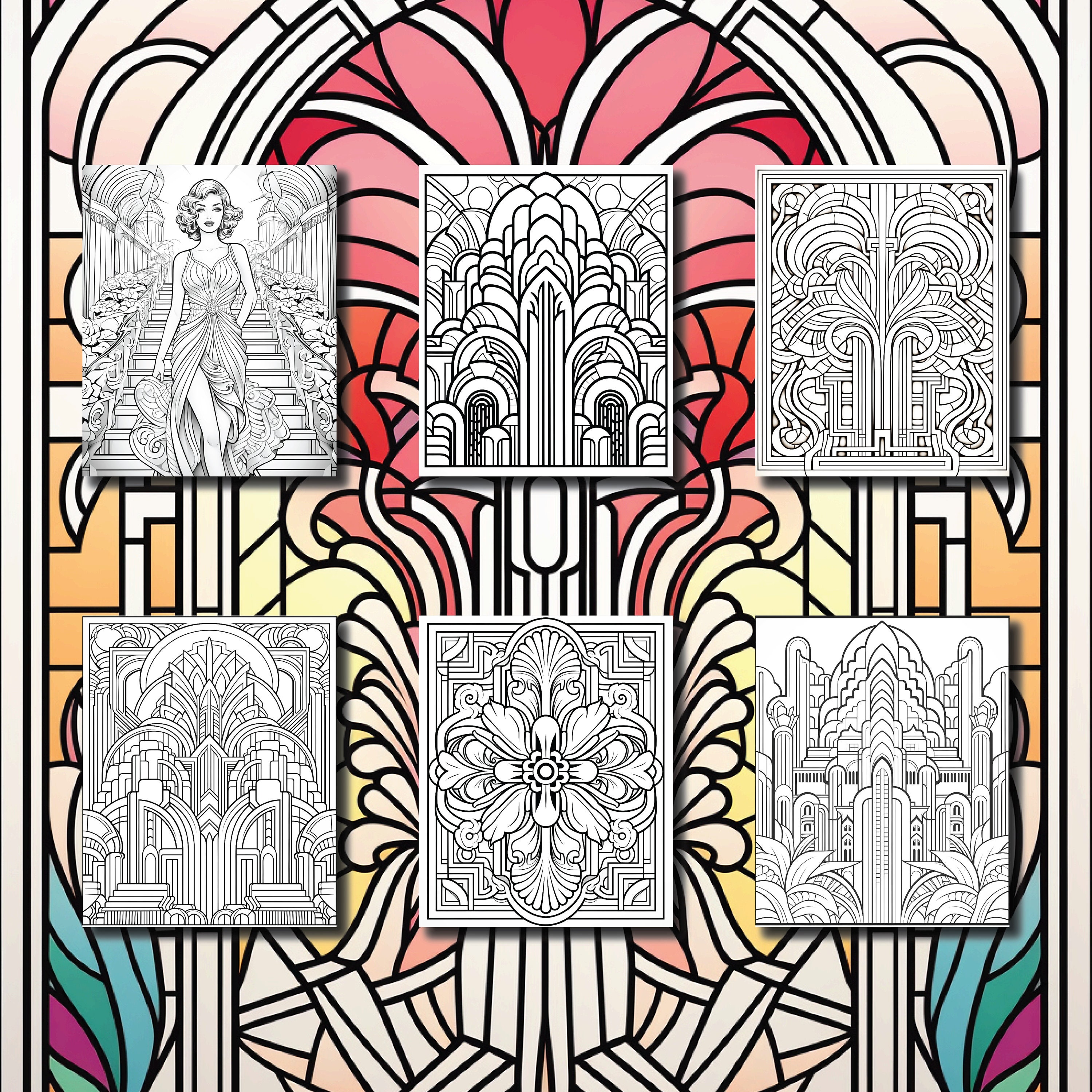 20 Art Deco Pattern Coloring Pages, Grayscale Images, Digital Adult ...