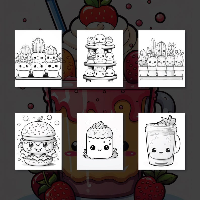 20 Kawaii Food and Nature Coloring Pages, Grayscale Images, Digital ...