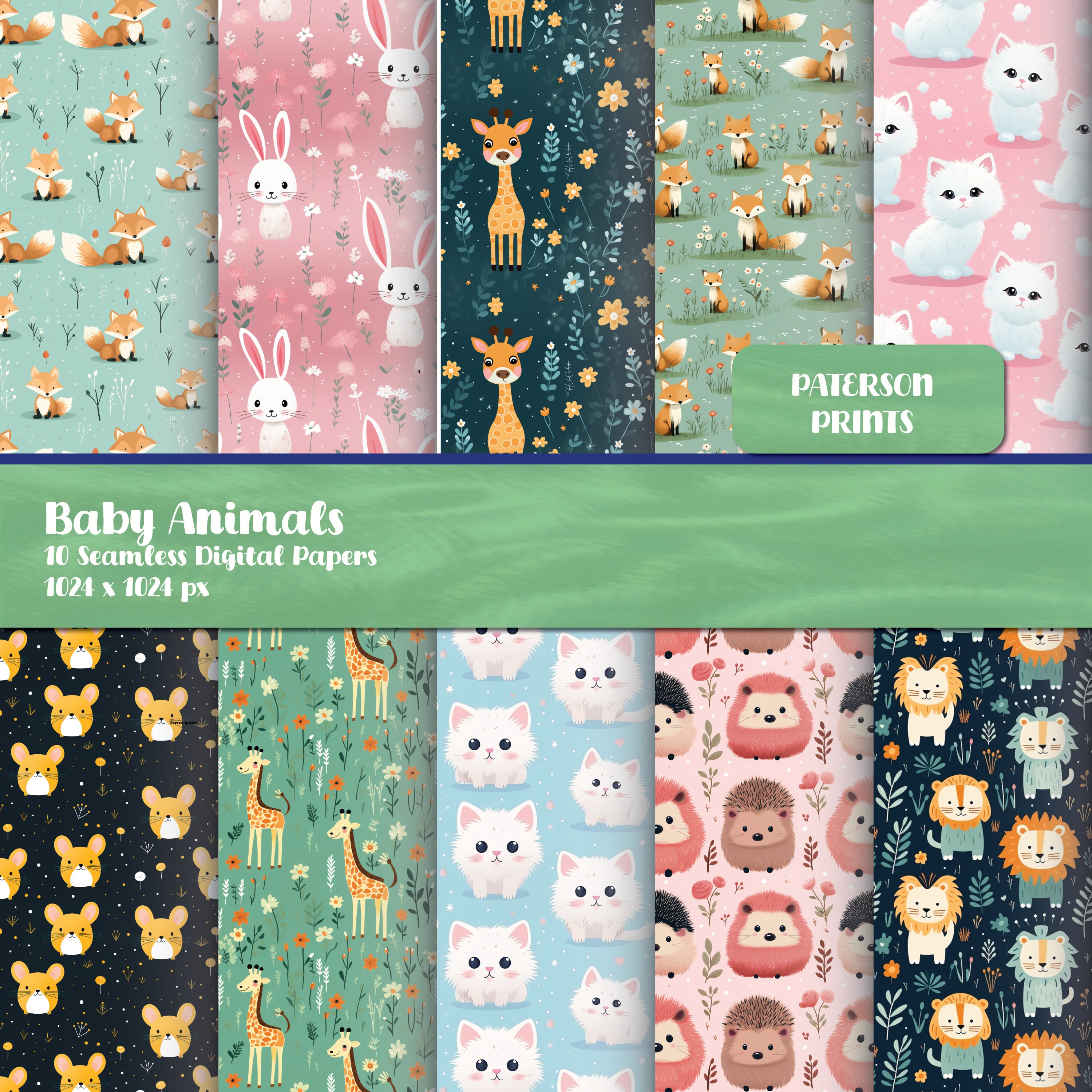 10 Digital Papers, Cute Baby Animals, Kids Pattern, Scrapbook Paper ...