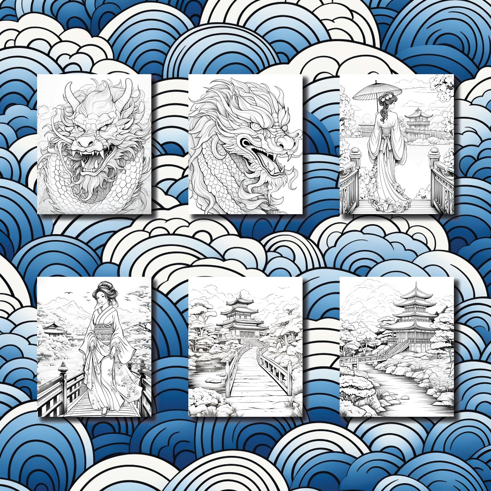 20 Japanese Culture Coloring Pages, Grayscale Images, Digital Adult ...
