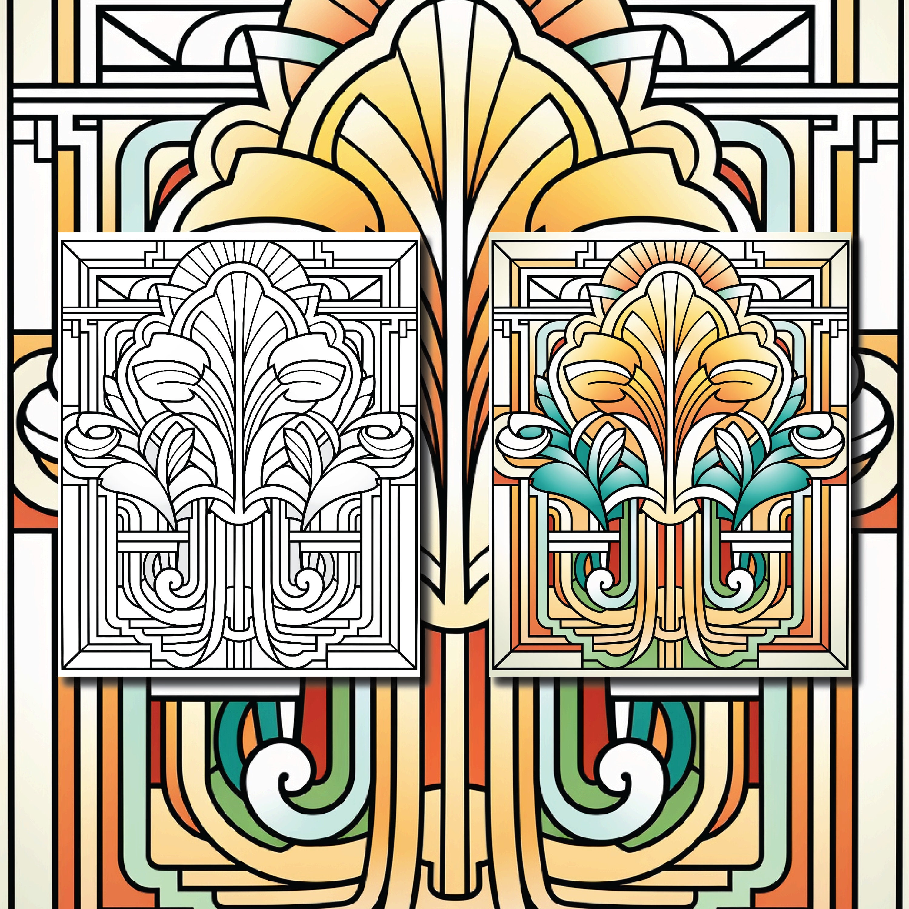 20 Art Deco Pattern Coloring Pages, Grayscale Images, Digital Adult ...