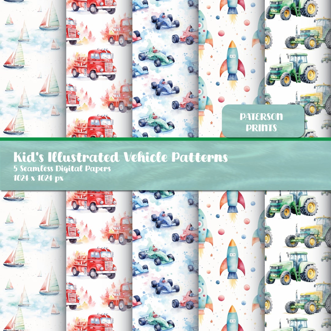 5 Digital Papers, Vehicle Patterns for Boys, Illustrated Kids Patterns ...