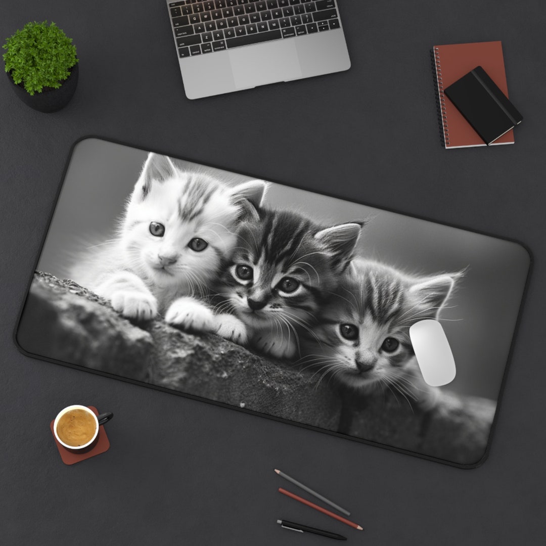 Peeking Kittens Desk Mat, Adorable Kitten XXL Mouse Mat, Black and ...