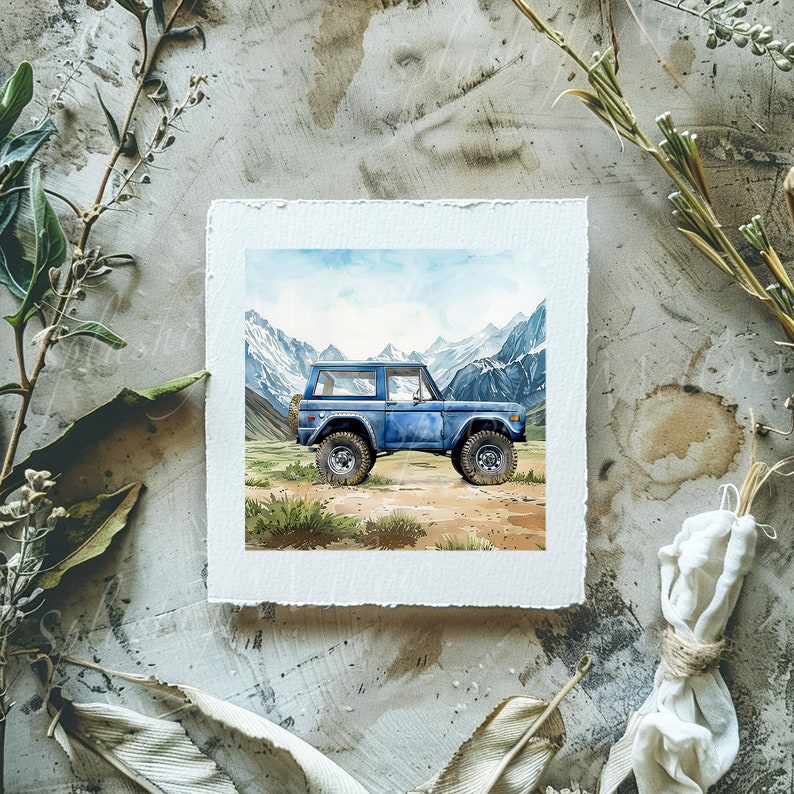 Vintage Blue Bronco Digital Postcard - Watercolor - Vintage Car ...