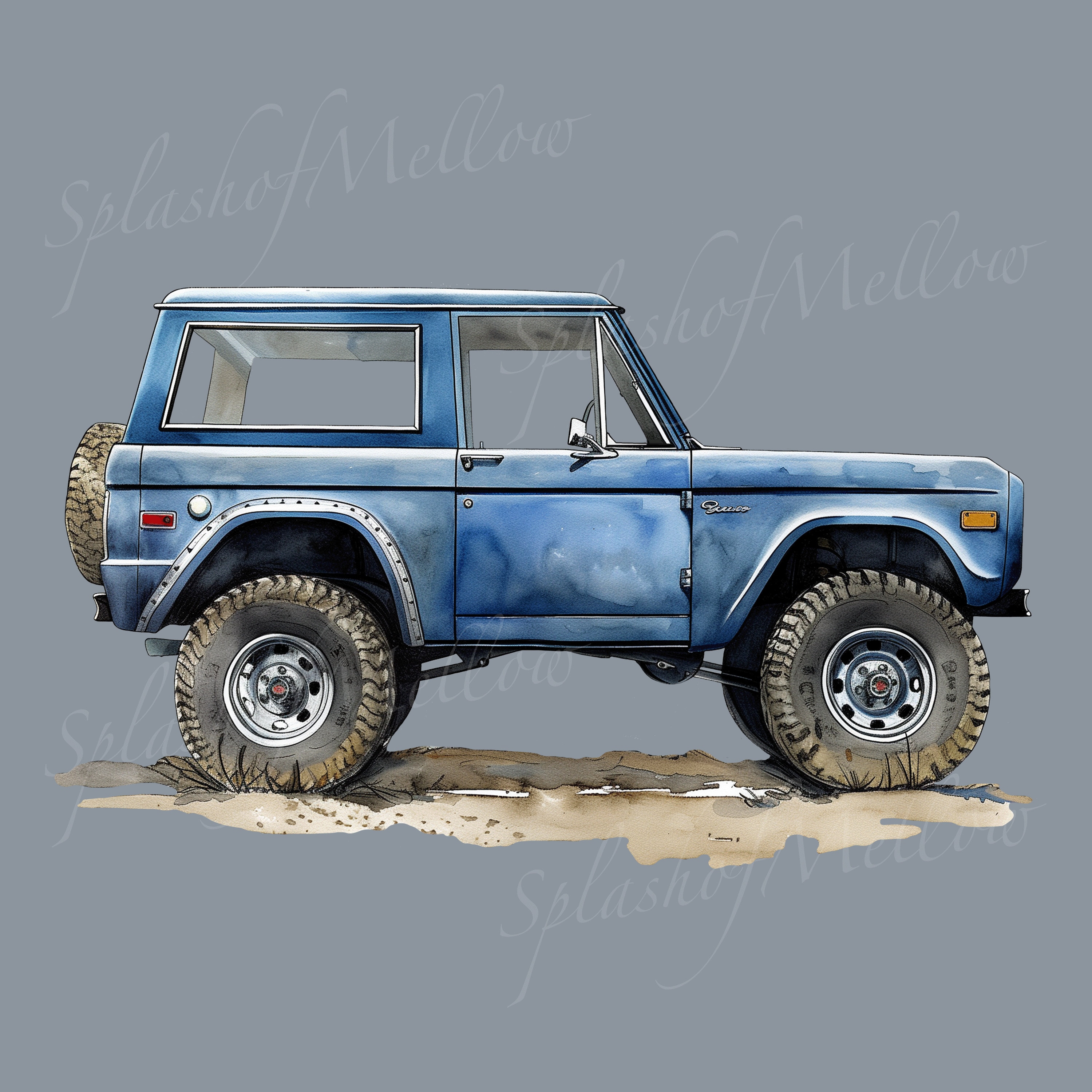 Vintage Blue Bronco Side Profile Clipart - Watercolor - Vintage Car ...