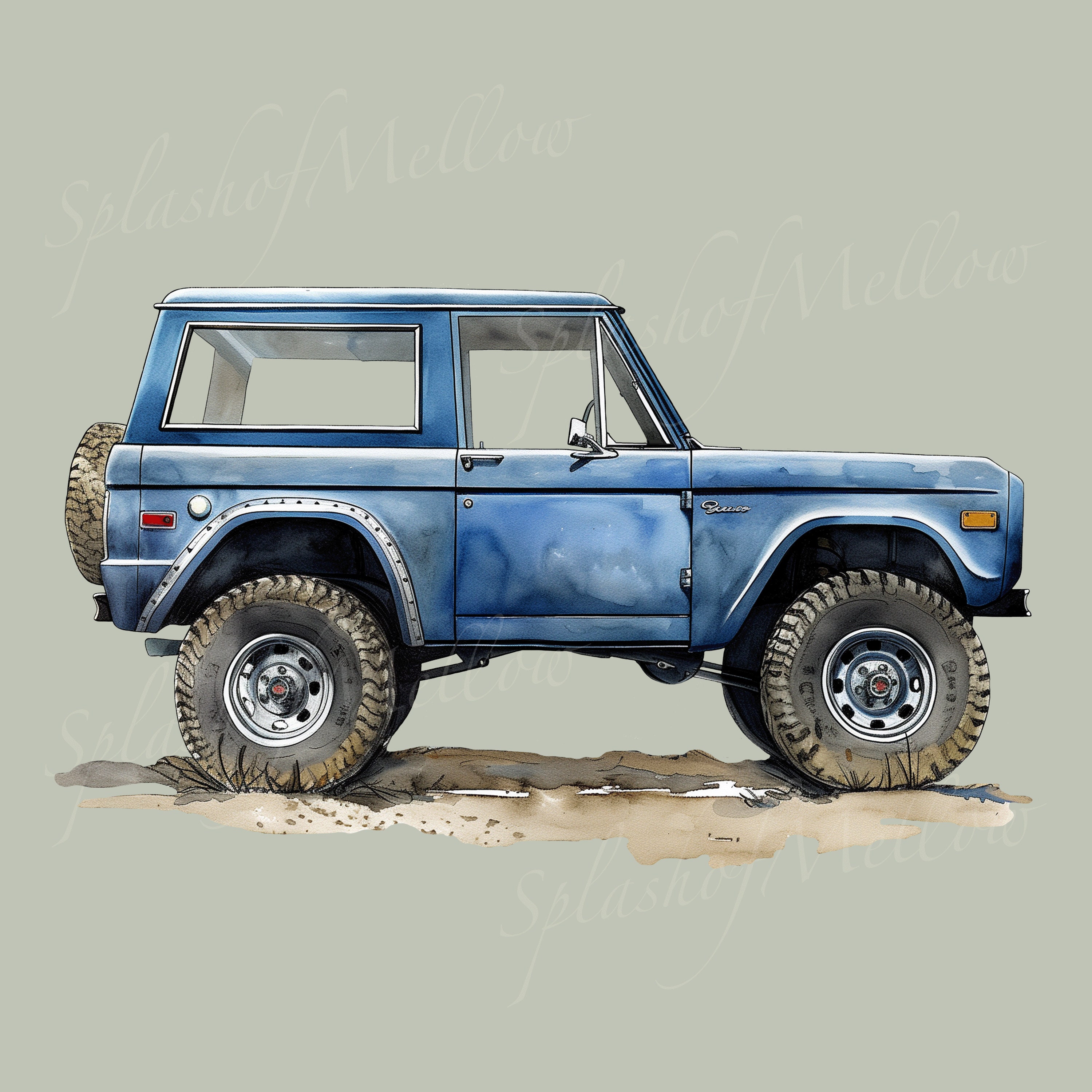 Vintage Blue Bronco Side Profile Clipart - Watercolor - Vintage Car ...