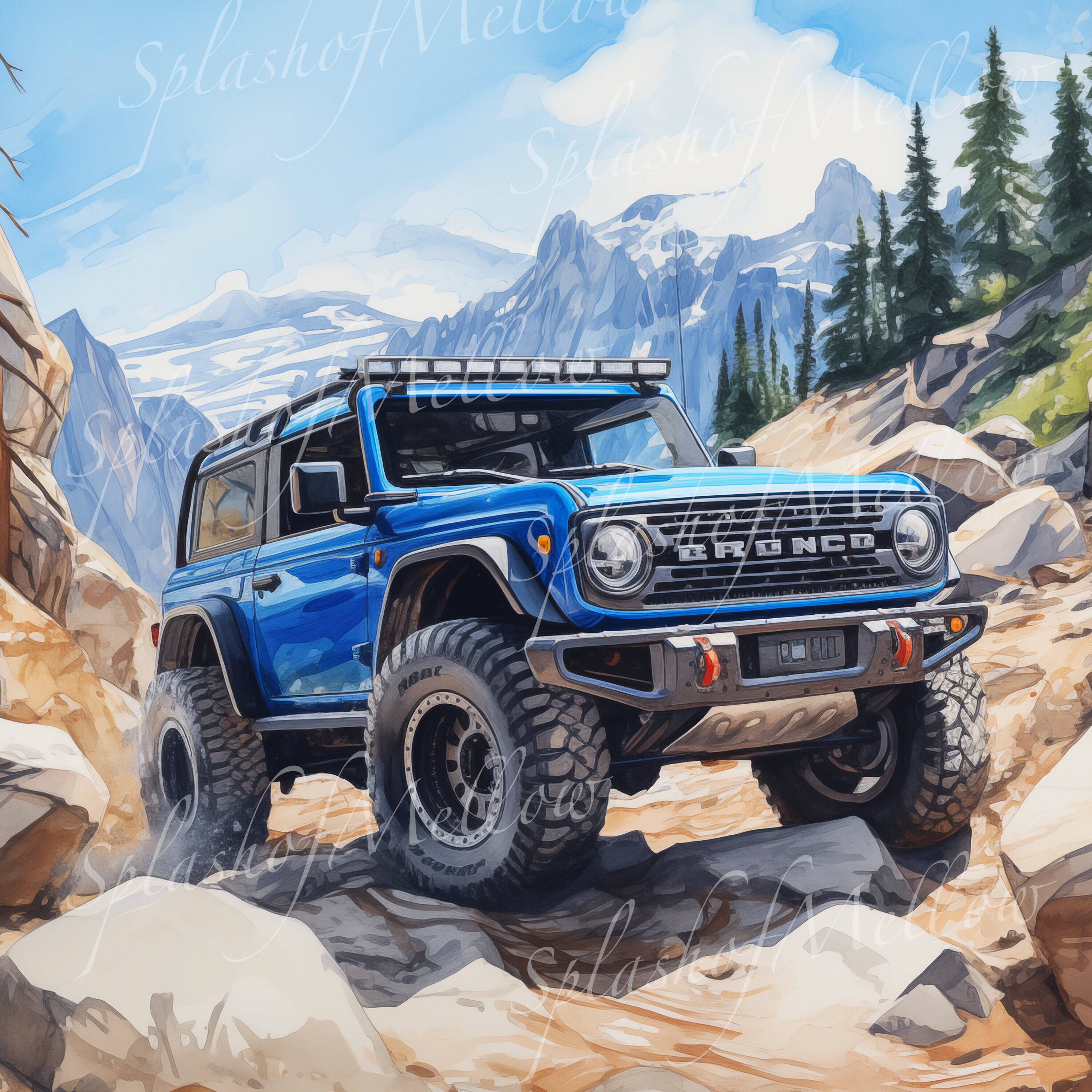 Set of 4 - Watercolor Blue Bronco Digital Prints - Car Prints - Car PNG ...