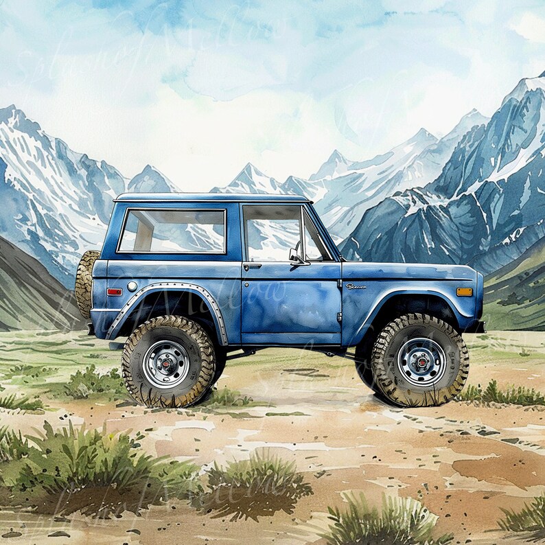 Vintage Blue Bronco Digital Postcard - Watercolor - Vintage Car ...