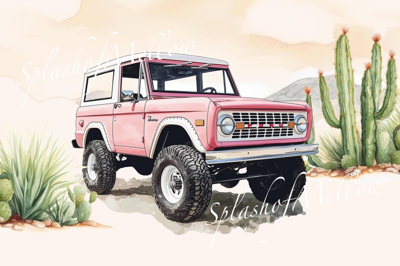 Watercolor Vintage Pink Bronco Clipart - Classic Car Clipart - Vintage ...