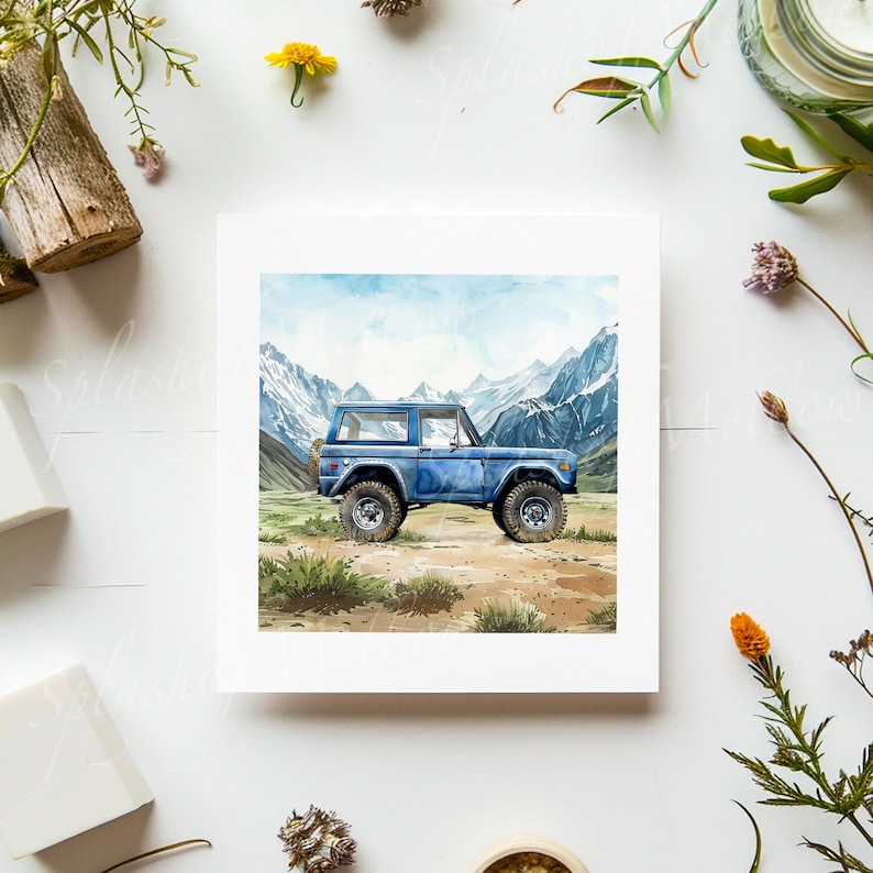Vintage Blue Bronco Digital Postcard - Watercolor - Vintage Car ...