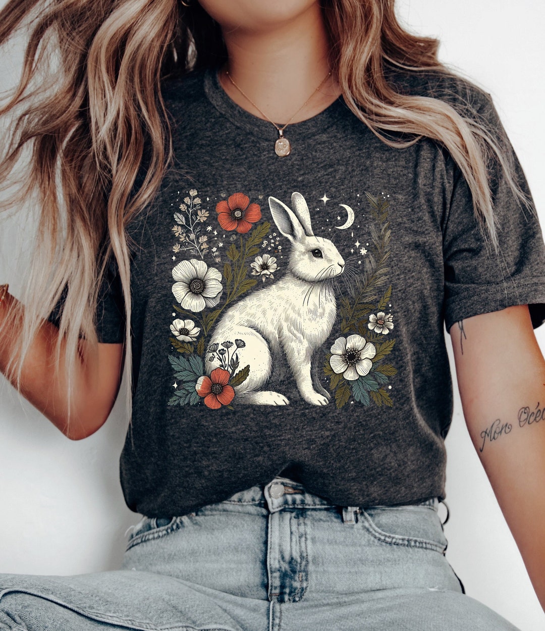 Vintage Floral White Rabbit Cottagecore Tshirt, Celestial Hare ...