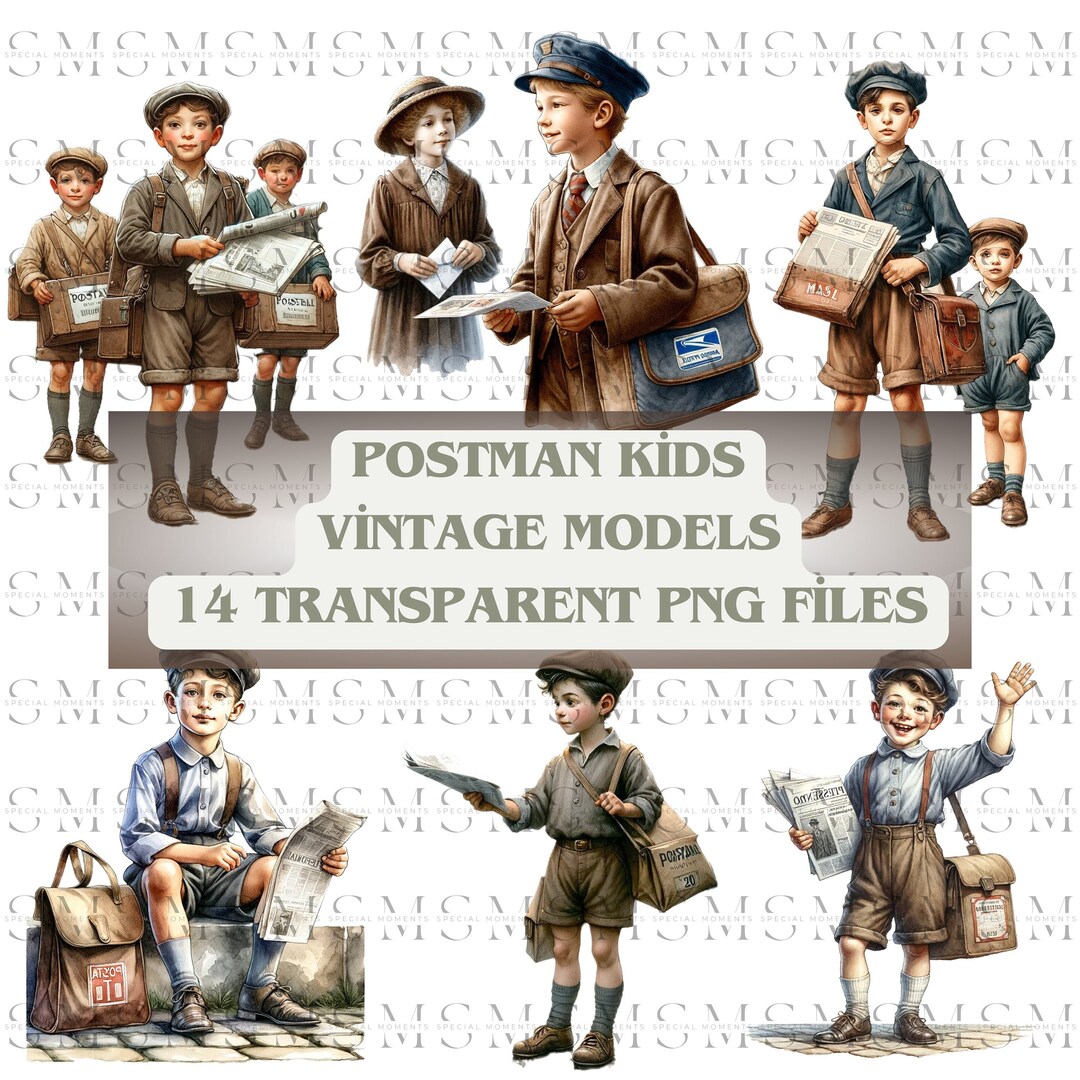 Postman Kids Watercolor Vintage Clipart Pack,transparent Png,high ...