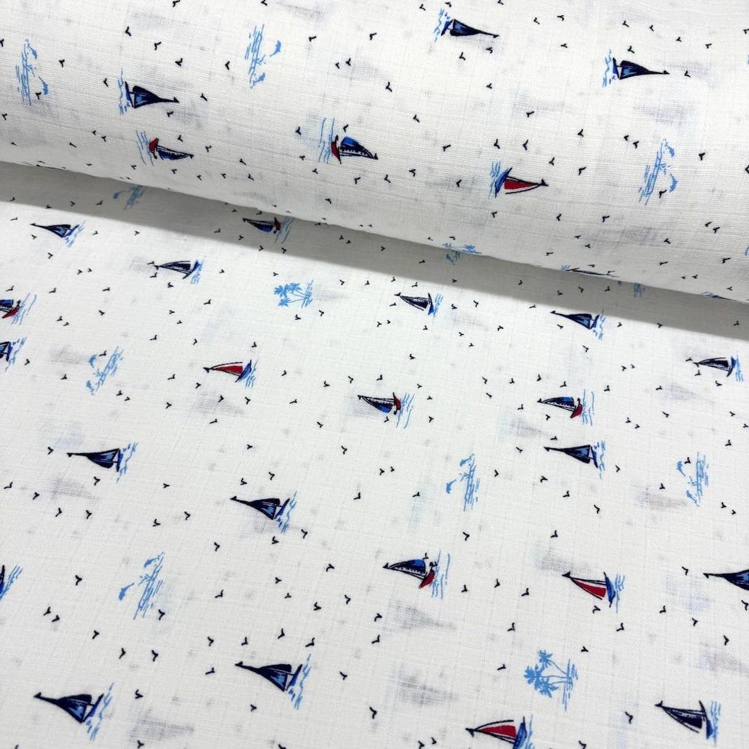 Sailboat & Seagull Muslin Fabric by the Meter | 100% Cotton Double ...