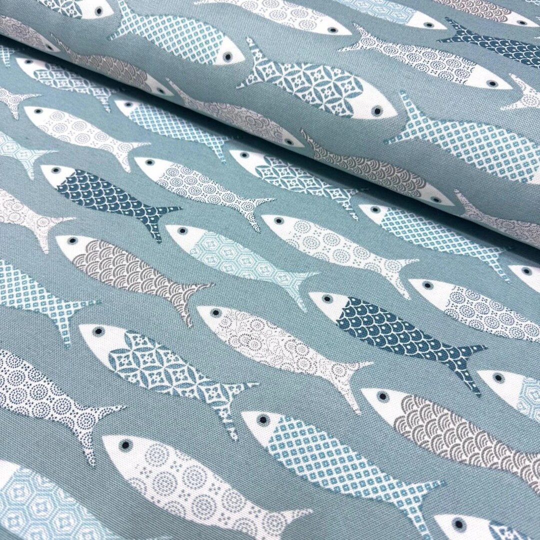 Striped Fish Print Digital Panama Cotton Fabric by the Meter | Nautical ...