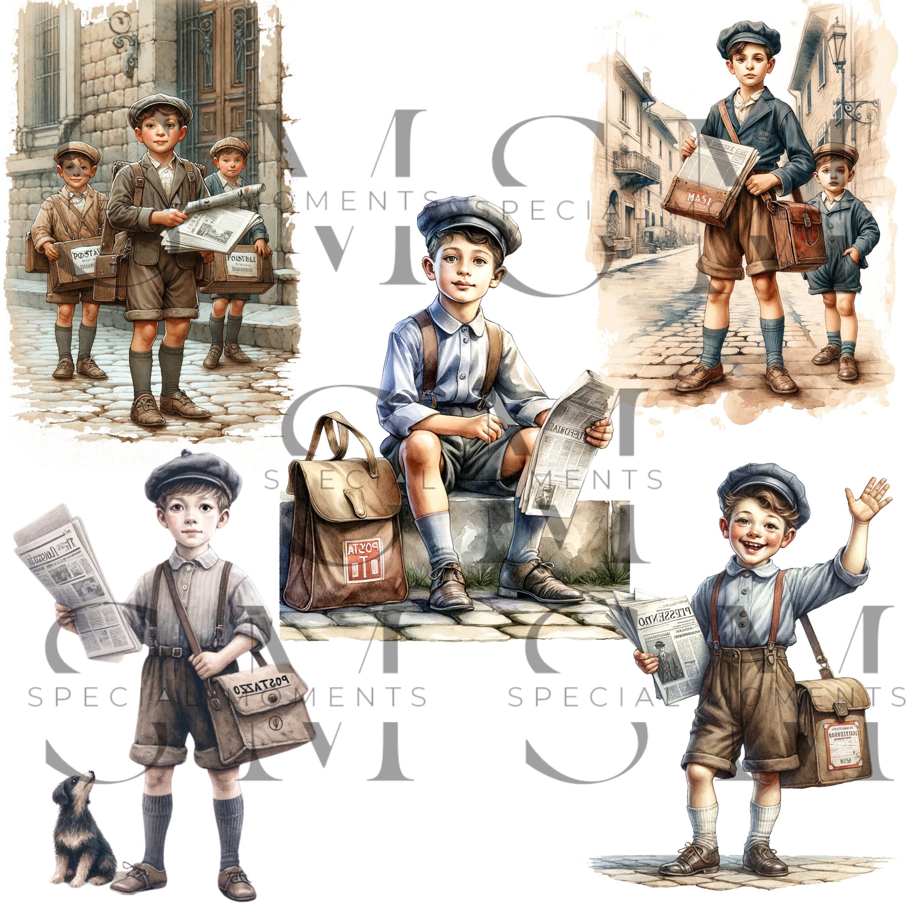 Postman Kids Watercolor Vintage Clipart Pack,transparent Png,high ...