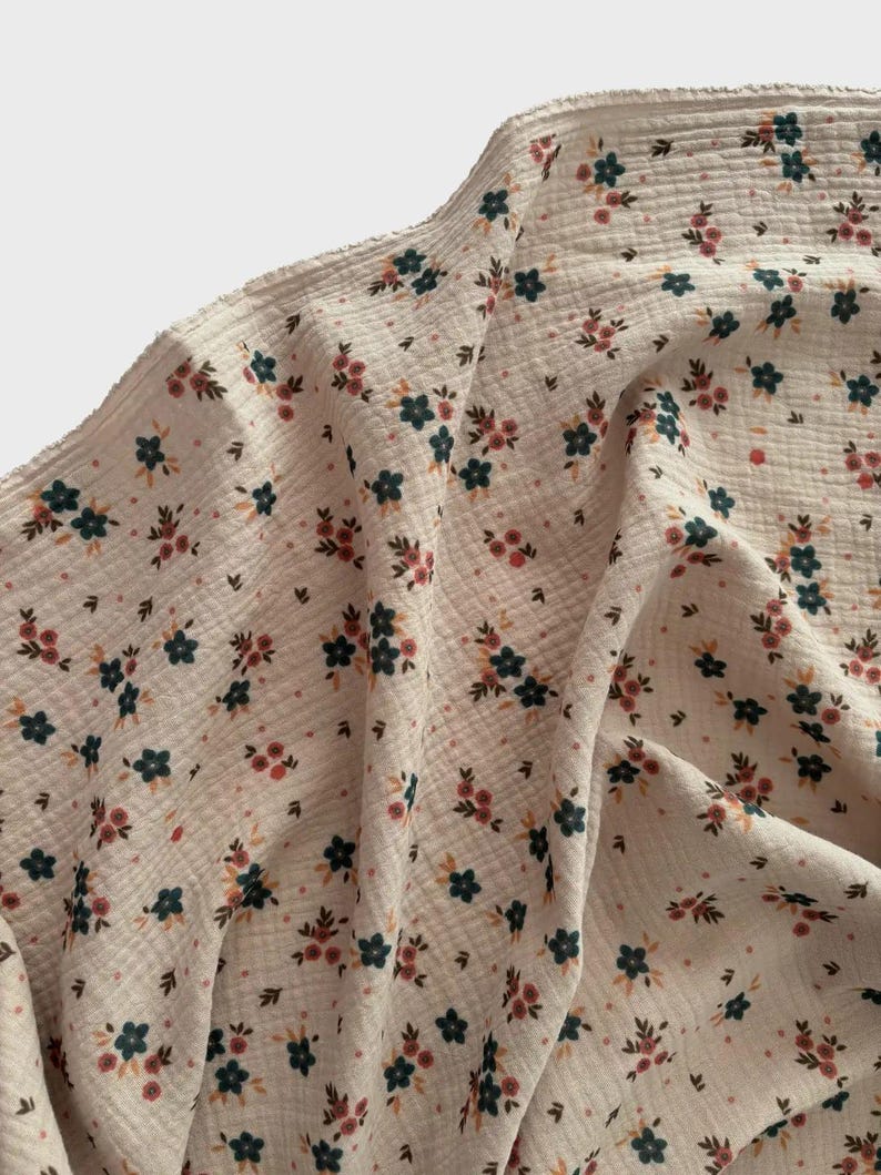 100% Cotton Cream Floral Muslin Fabric by the Meter | Double Gauze ...
